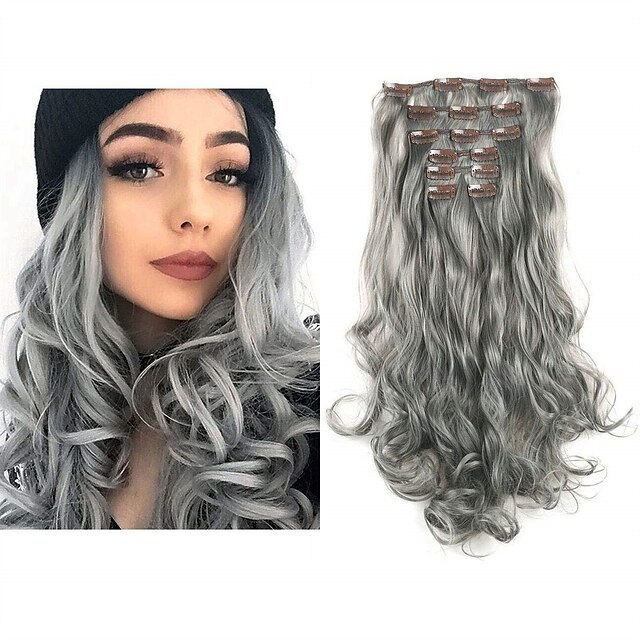 Dark Gray Hair Extensions Clip in Curly Wavy 7 Pcs Synthetic Full Head ...
