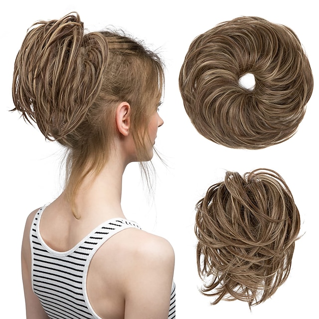 moño desordenado pieza de cabello recto falso moño scrunchies fibra ...