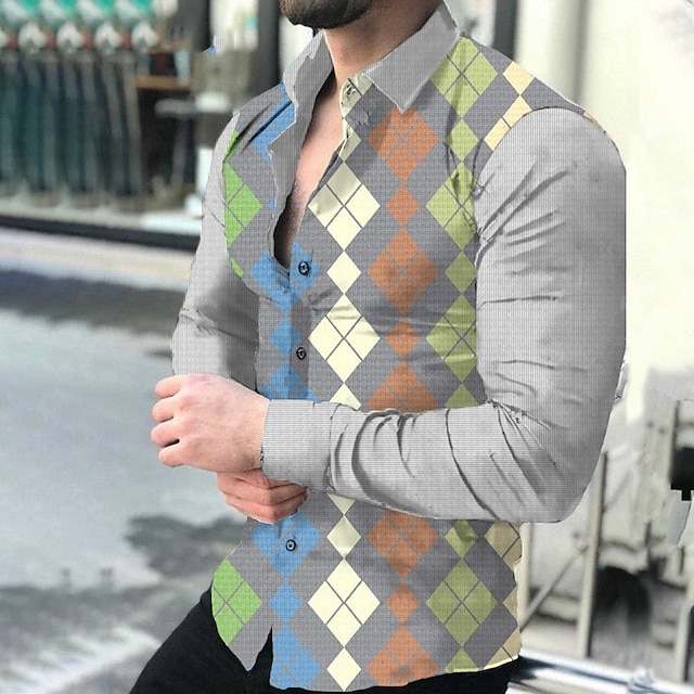 Men's Plaid Striped Geometric Pattern Shirt Button Up Shirt Long Sleeve Fashion Designer Casual ...