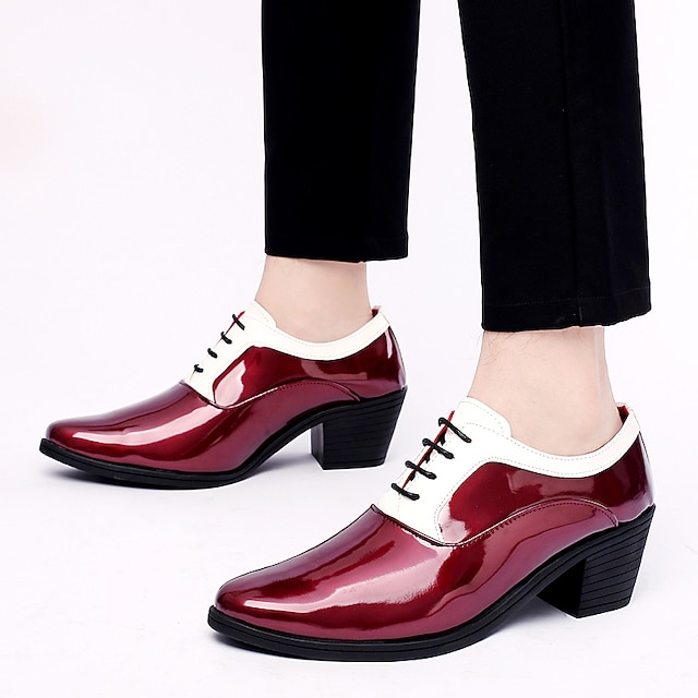 Men's Faux Patent Leather Oxford Shoes – Red and White Lace-Up Dress ...