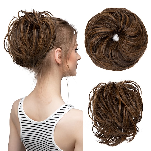 moño desordenado pieza de cabello recto falso moño scrunchies fibra ...