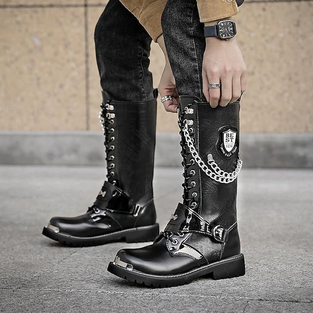 Men's Gothic Punk Motorcycle Boots with Chains and Metal Details ...