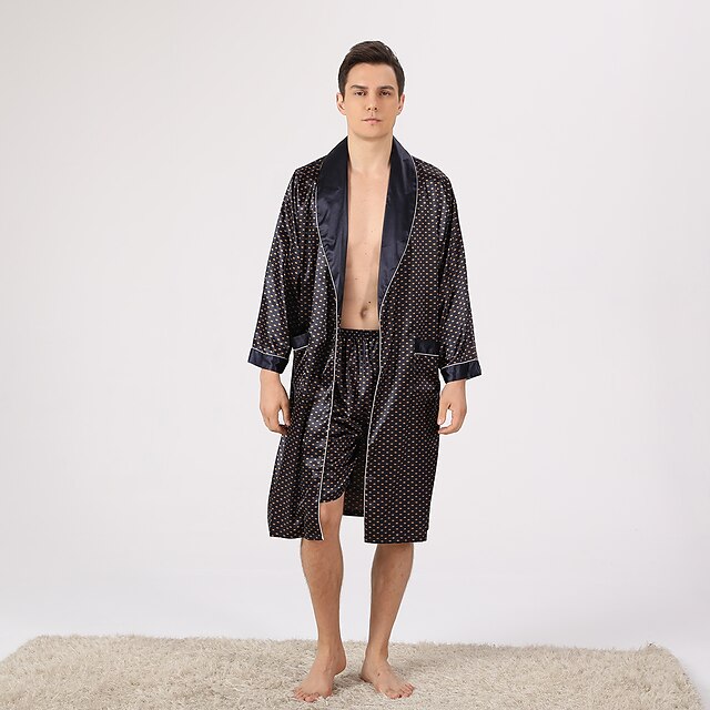 Men's Plus Size Robe Silk Robe Robes Gown Silk Kimono 2 Pieces Waves ...