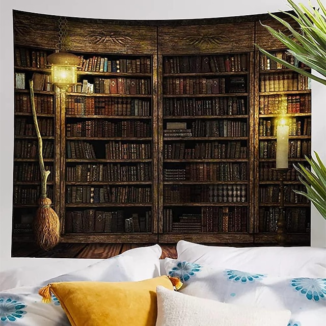 Vintage Bookshelf Landscape Wall Tapestry Hanging Study Room Picture ...