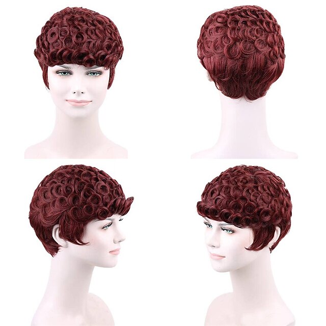 Short Curly Pixie Cut Wigs with Bangs Wine Red Color Short Human Hair ...