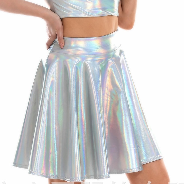 Metallic 1980s Shiny Latex Patent PU Leather Flare Skirt Women's ...