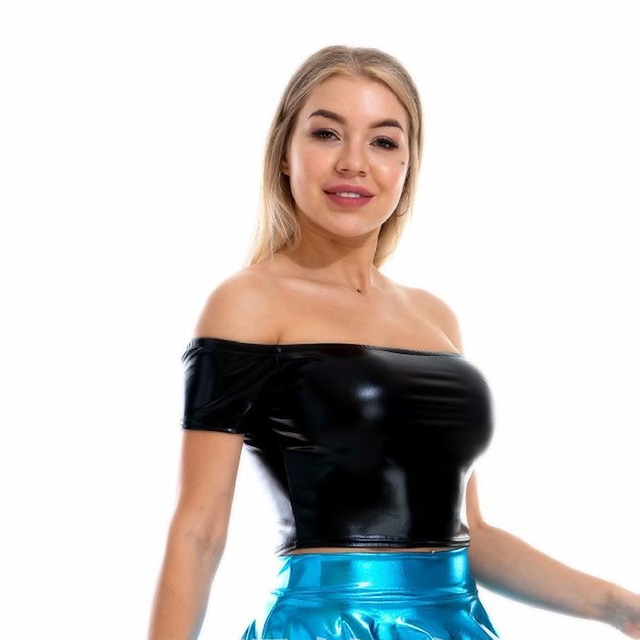 Metallic 1980s Shiny Latex Patent Crop Top PU Leather Off Shoulder ...