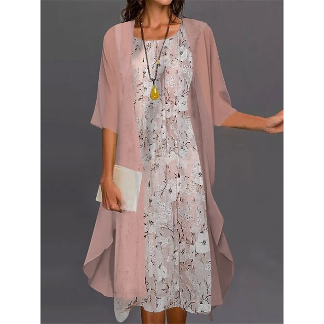 Damen Casual kleid Kleid-Set Zweiteiliges Kleid Midikleid Rosa Blau Purpur Blume Halbe Ärmel ...