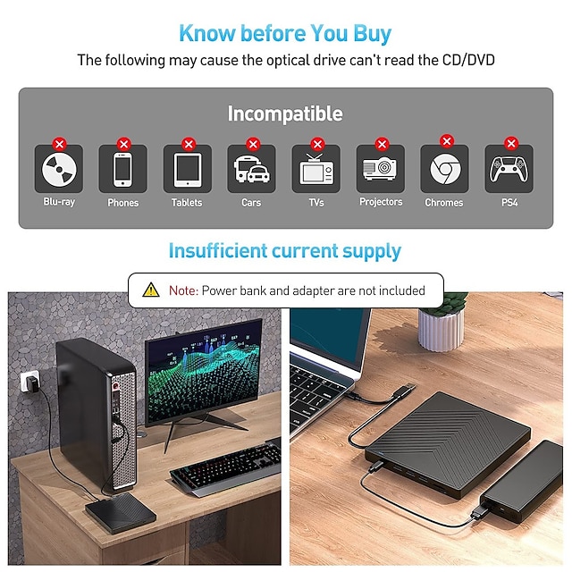 External CD DVD Drive 7 in 1 Ultra Slim CD Burner USB 3.0 with 4 USB ...