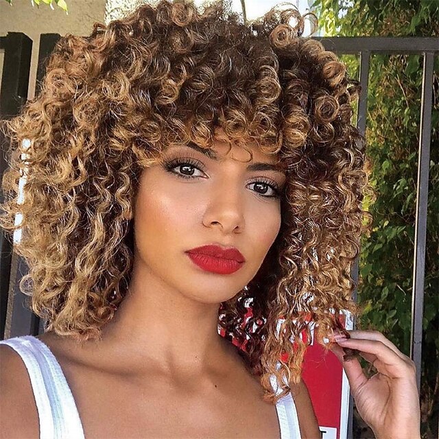Curly Wigs for Black Women - Kinky Afro Curly Wig with Bangs 2 Tone ...