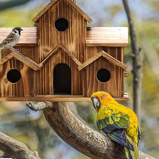Bird House for Outside, 6 Holes Handmade Wooden Bird House, Retro Villa ...