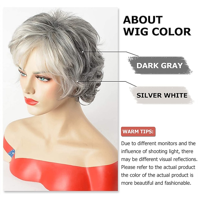 Short Grey Wigs for White Women Mixed Gray Silver Curly Wavy Wigs with ...
