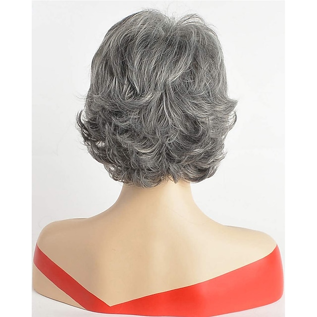 Short Grey Wigs for White Women Mixed Gray Silver Curly Wavy Wigs with ...