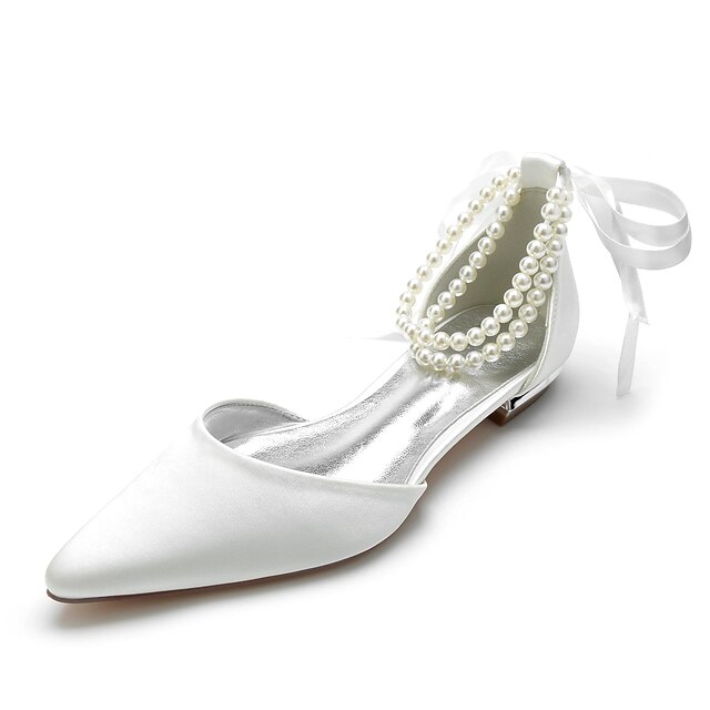 White Satin Flat Wedding Shoes with Pointed Toe, Pearl Chain Ankle ...