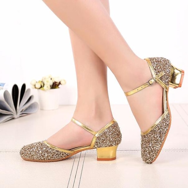 Girls' Gold Glitter Dance Shoes – Low Block Heel, Mary Jane Strap ...