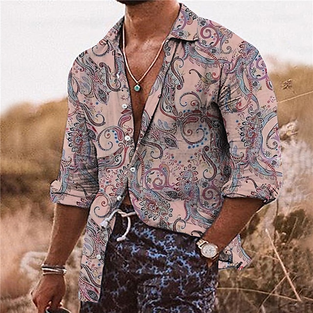 Men's Floral Shirt Boho Shirt Button Up Shirt Long Sleeve Fashion ...