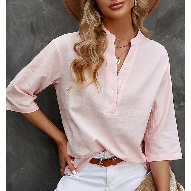 Women's Cotton Linen Shirts Button Up Blouse Long Cotton Top Black Pink ...