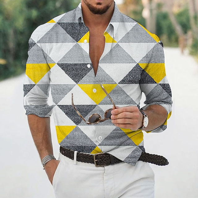 Men's Geometric Pattern Geometry Argyle Shirt Button Up Shirt Long ...