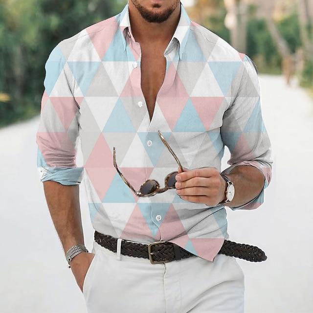 Men's Geometric Pattern Geometry Argyle Shirt Button Up Shirt Long ...