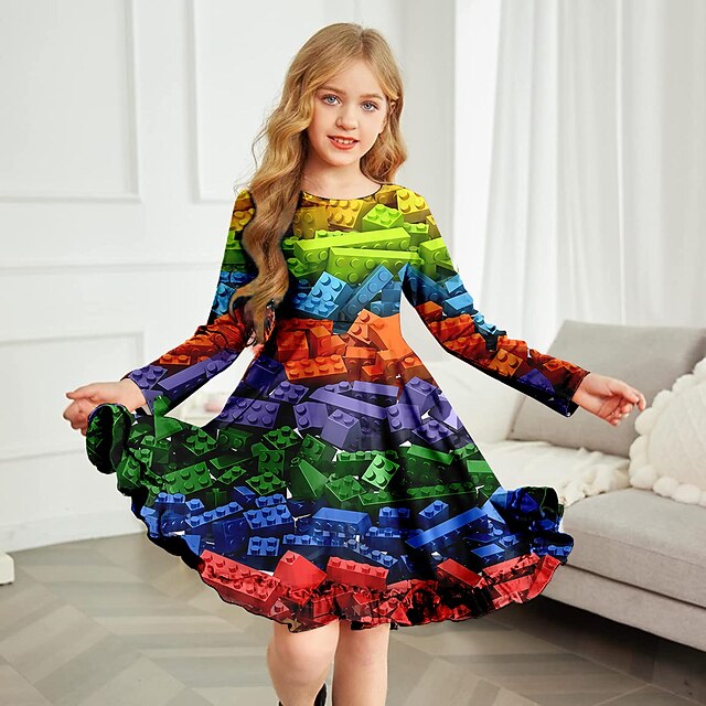Kids Girls' Dress Floral Color Block Gradient Long Sleeve Outdoor ...