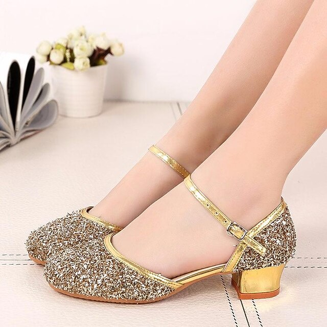 Girls' Gold Glitter Dance Shoes – Low Block Heel, Mary Jane Strap ...