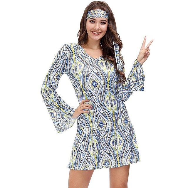 Retro Vintage Hippie 1970s Dress Headpiece Flare Cuff Sleeve Hippie ...