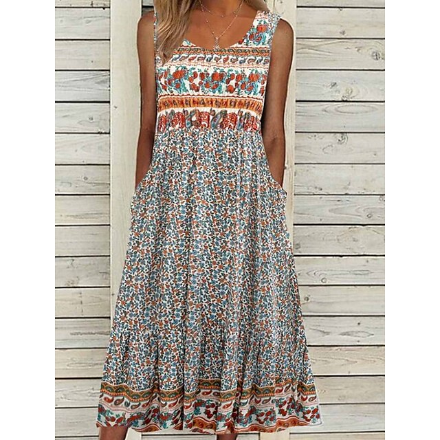 Damen Lässiges Kleid Tank Top Kleid Sommerkleid Blumen Tasche Bedruckt