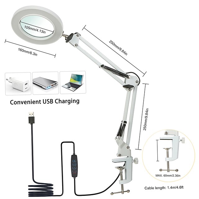 Flexible Clamp-on Table Lamp with 8x Magnifier Glass Swing Arm Dimmable ...