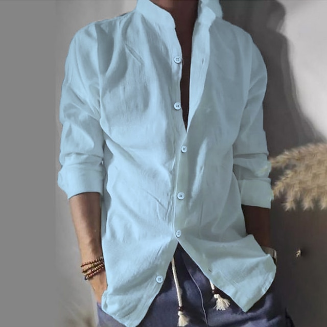 Men's Shirt Summer Shirt Beach Wear Button Up Shirt Band Collar Shirt ...