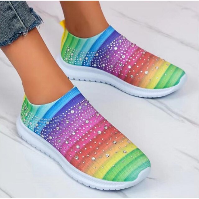Women's Rainbow Slip-On Sneakers – Colorful Knit Athletic Shoes with ...