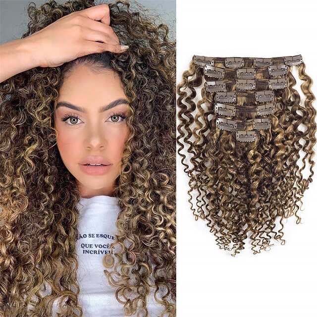 Two Tone Color 14Inch Jerry Curly Clip in Hair Extension Human Hair #4 ...