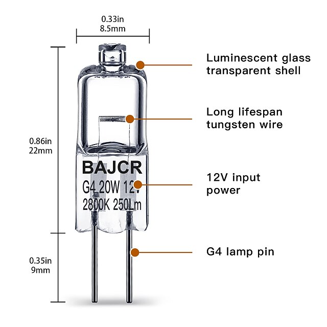 BAJCR G4 Halogen Bulb 20W, 10 Pack Dimmable G4 Light Bulb for Under ...