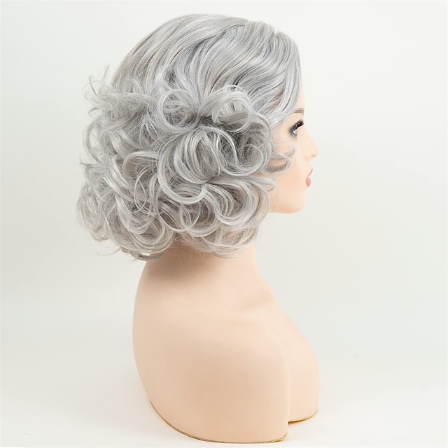 Mixed Grey Short Wavy Wigs for White Women Medium Length Gray Curly Wig ...