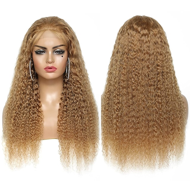 27 Wig Human Hair Water Wave Transparent4x4x1 T Part Lace Honey Blonde ...