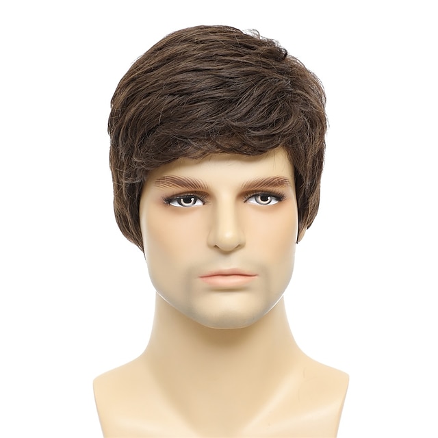 Men's Wigs Short Mens Brown Wig Layered Natural Hair Costume Halloween ...