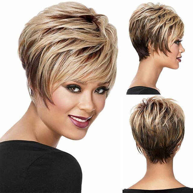 Blonde Highlight Short Pixie Bob Wig with Bangs Straight Ombre Blonde ...