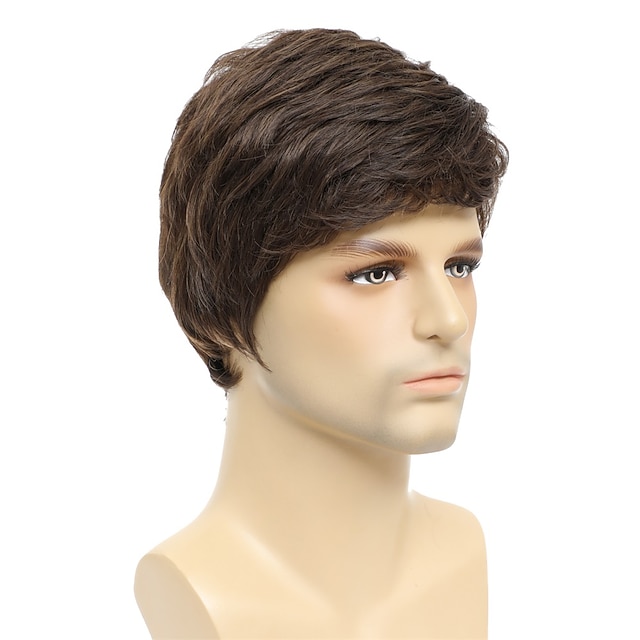 Men's Wigs Short Mens Brown Wig Layered Natural Hair Costume Halloween ...