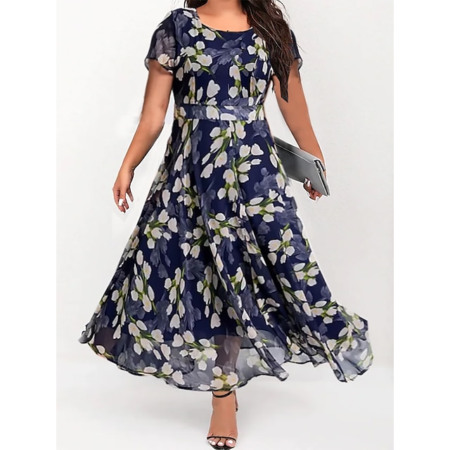 Dames Grote maten Casual jurk Swingjurk A lijn jurk Bloemig Lange jurk maxi-jurk Korte mouw ...