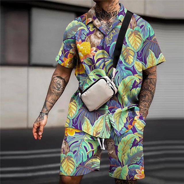 Men's Floral Tropical Flowers Leaves 2pcs Shirts Sets Summer Hawaiian ...
