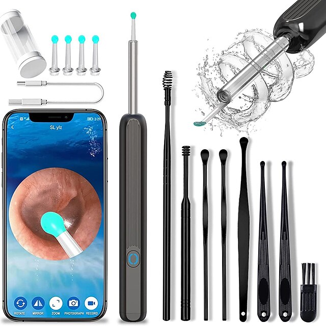 Rechargeable Ear Wax Removal Endoscope Kit with 5 Scoops, 8 Picks, and ...
