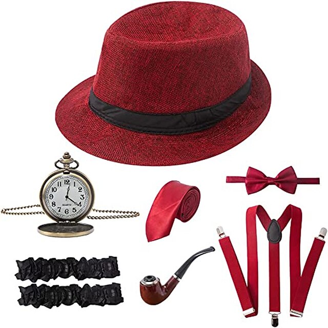 1920s Men's Costume Accessories Set Gangster Manhattan Hat Pre Tied Bow ...