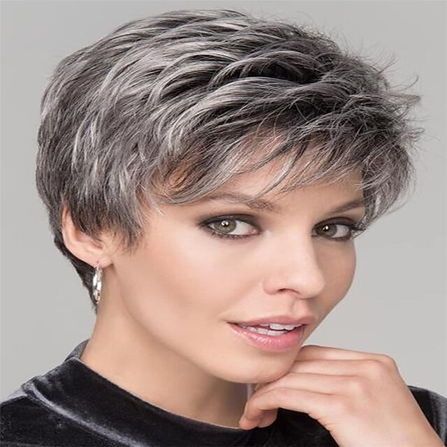 Blonde Highlight Short Pixie Bob Wig with Bangs Straight Ombre Blonde ...