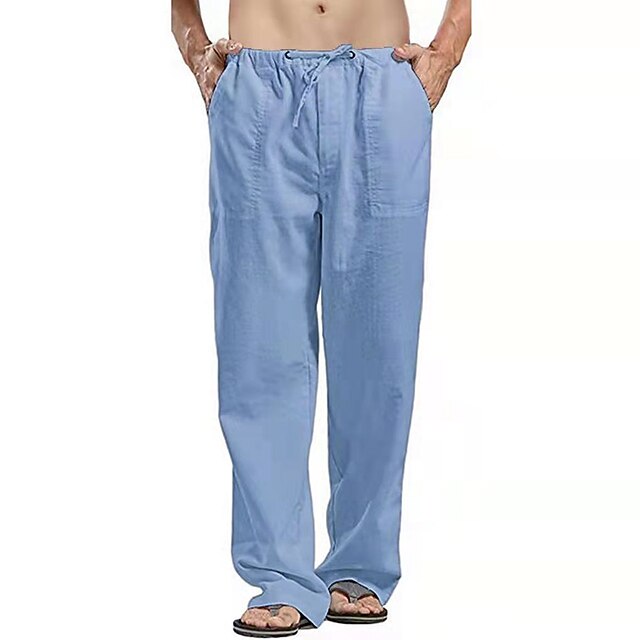 Herr Linne Byxor Långbyxor Sommarbyxor Strandbyxor Ficka Snörning ...