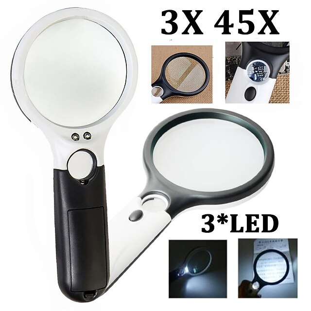 3X 45X Lenses Magnifier 3 LED Light Handheld Reading Magnifying Glass ...