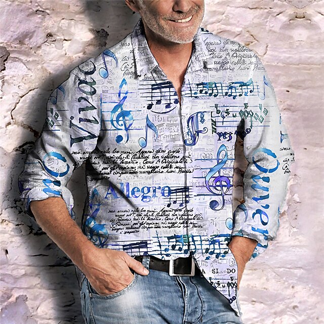Men's Vintage Music Notes Shirt Button Up Shirt Long Sleeve Fashion ...