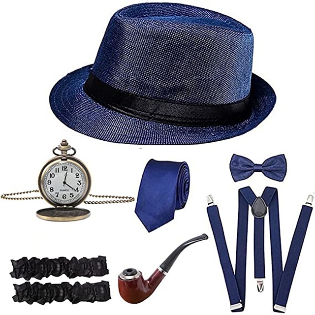 1920s Men's Costume Accessories Set Gangster Manhattan Hat Pre Tied Bow ...