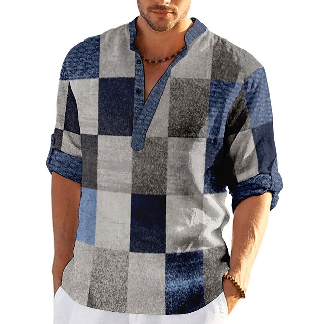Men's Plaid / Check Patchwork Geometric Pattern Shirt Button Up Shirt ...