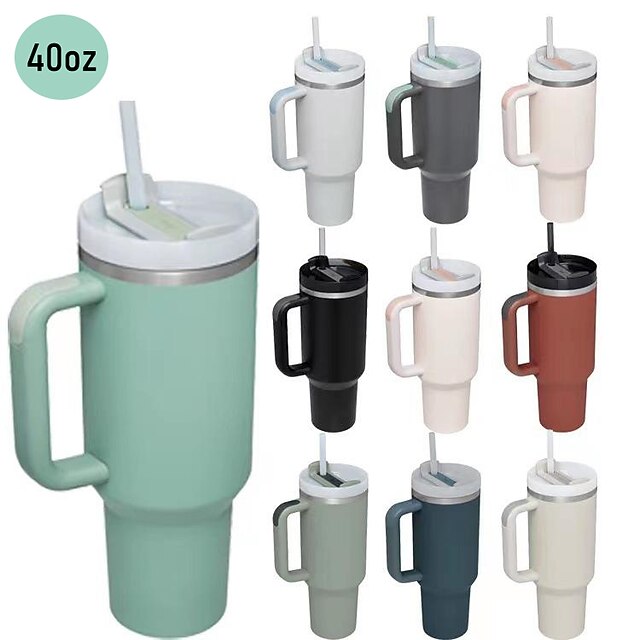 Gobelet d'été avec poignée 40 oz et couvercle en paille, bouteille d'eau en acier inoxydable 304 ...