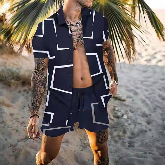 Men's Geometric Pattern Geometry 2pcs Shirts Sets Summer Hawaiian Shirt ...