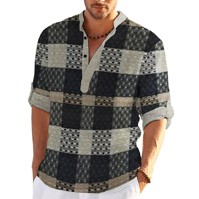 Men's Plaid / Check Patchwork Geometric Pattern Shirt Button Up Shirt ...